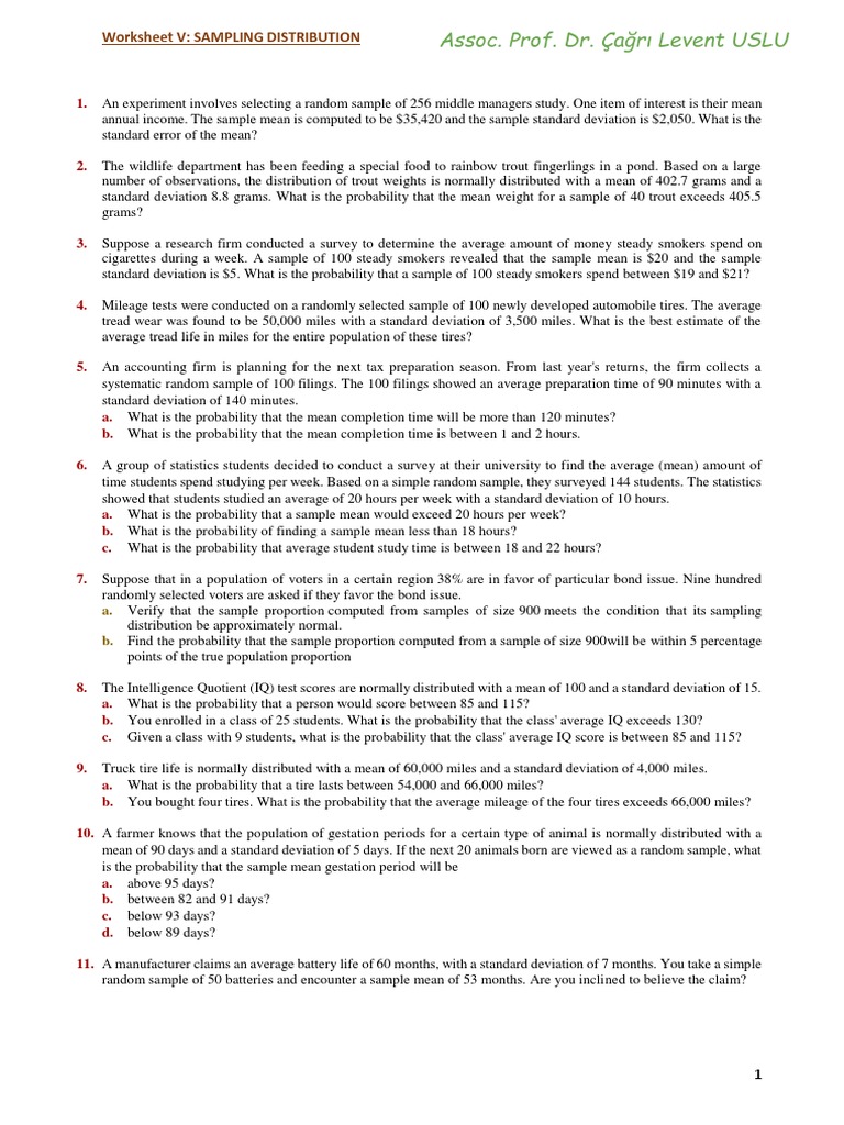 Work Sheet V - Sampling Distribution | PDF | Standard Deviation | Weighted Arithmetic Mean