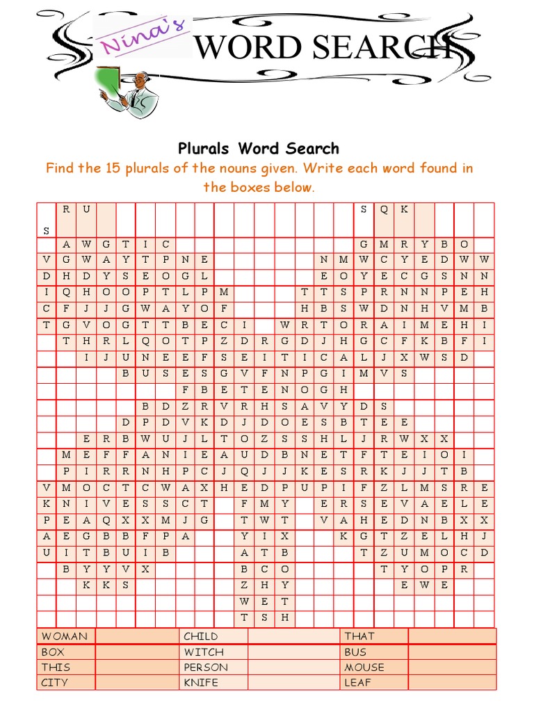 Plural Nouns Word Search Activity | PDF | Plural | Syntactic Relationships