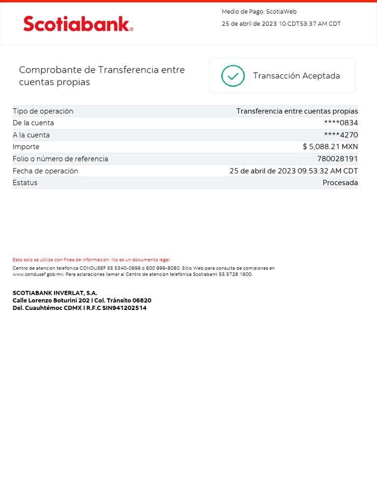 Comprobante de Transferencia Entre Cuentas Propias: Transacción Aceptada | PDF