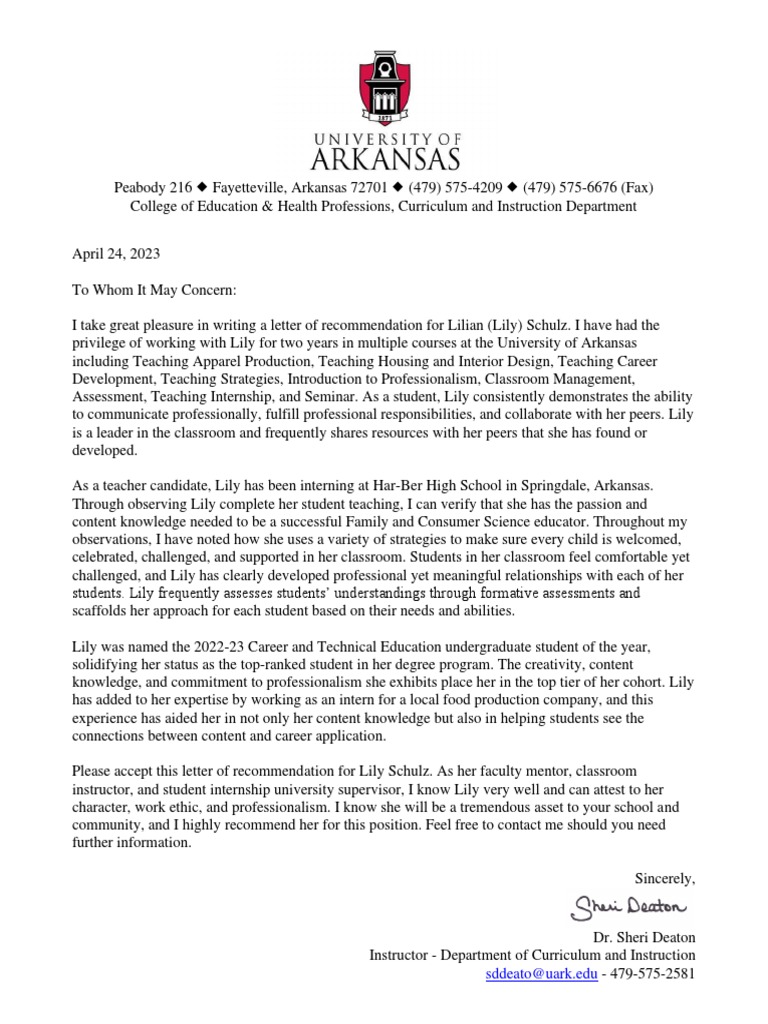 Lily Schulz Letter of Rec | PDF | Teachers | Behavior Modification