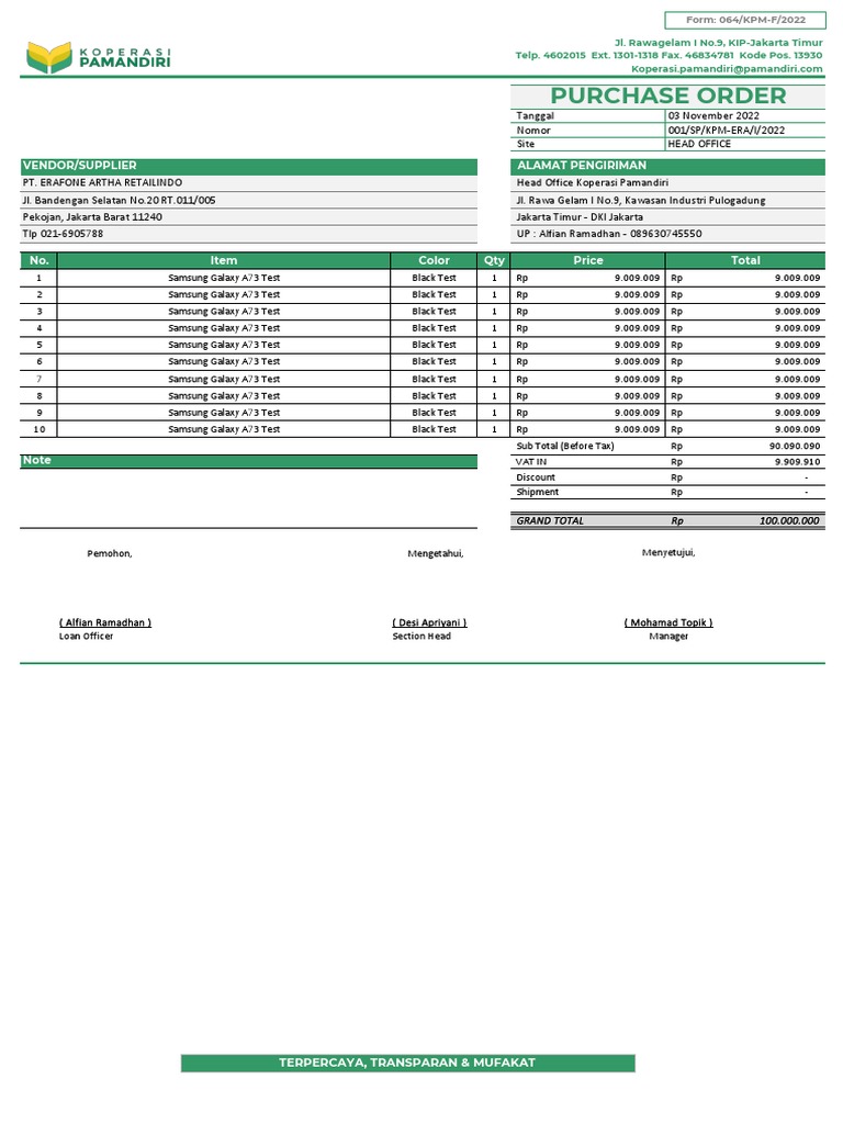 Purchase Order Samsung Galaxy A73 | PDF