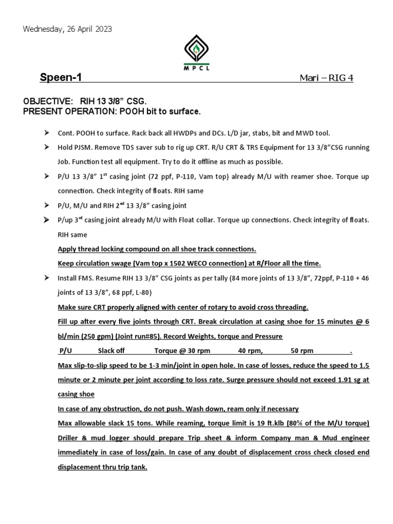 Job Order #21-13.375'' CSG Running Job | PDF | Mechanical Engineering