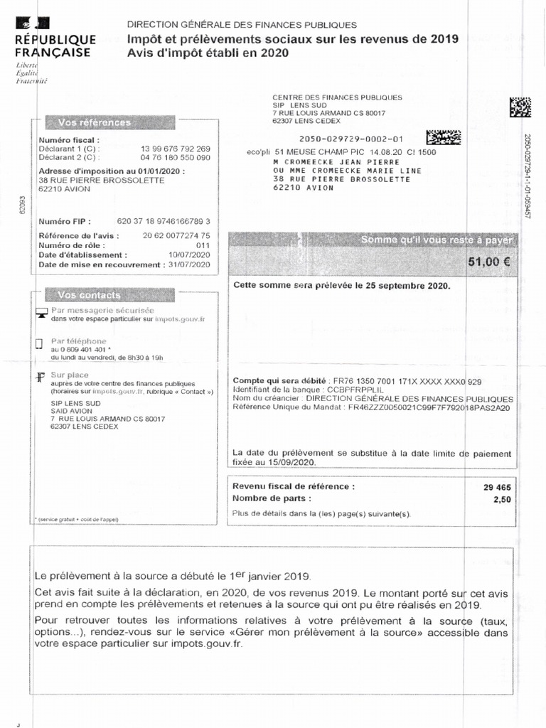Avis d'Imposition 2020 | PDF | Impôt sur le revenu | Impôts