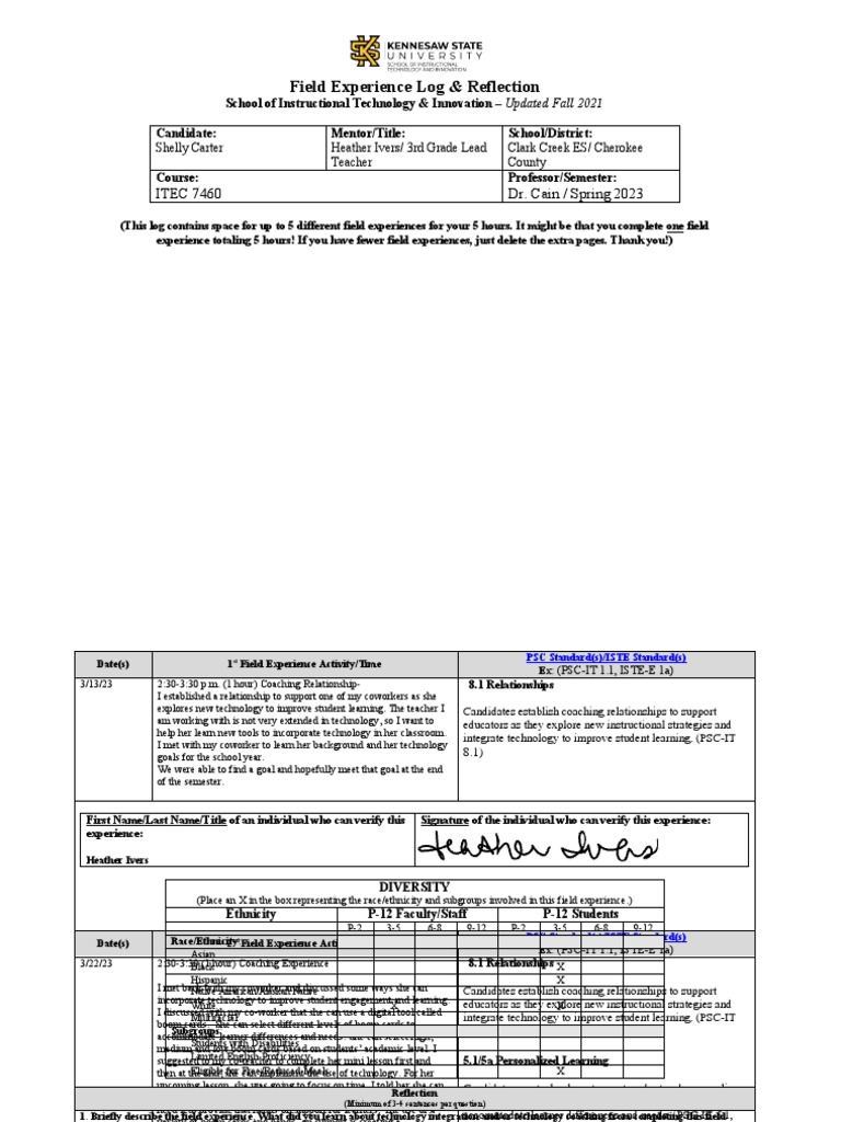 Field Experience Log Shelly Carter 7460 | PDF | Teachers | Learning