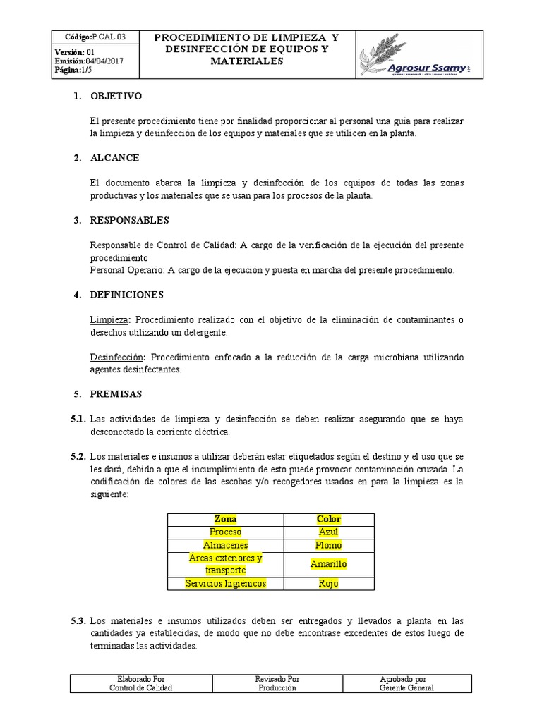 P.cal.03 Limpieza y Desinfeccion de Equipos y Materiales | PDF ...