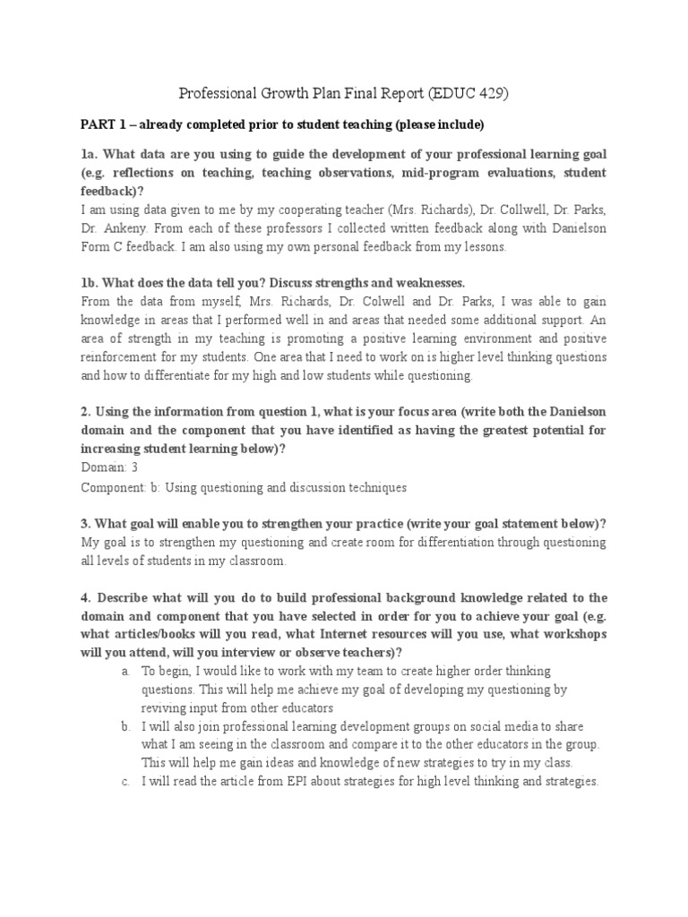 Professional Growth Plan Final Report | PDF | Teachers | Lesson Plan