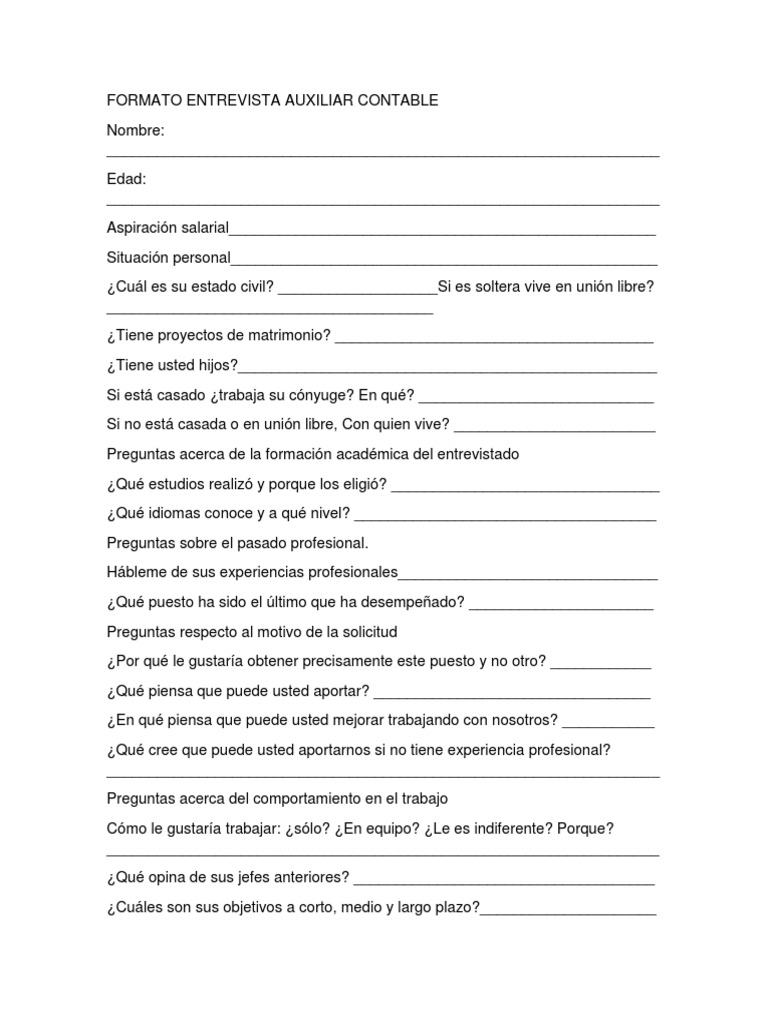 Formato de Entrevista para Auxiliar Contable | PDF
