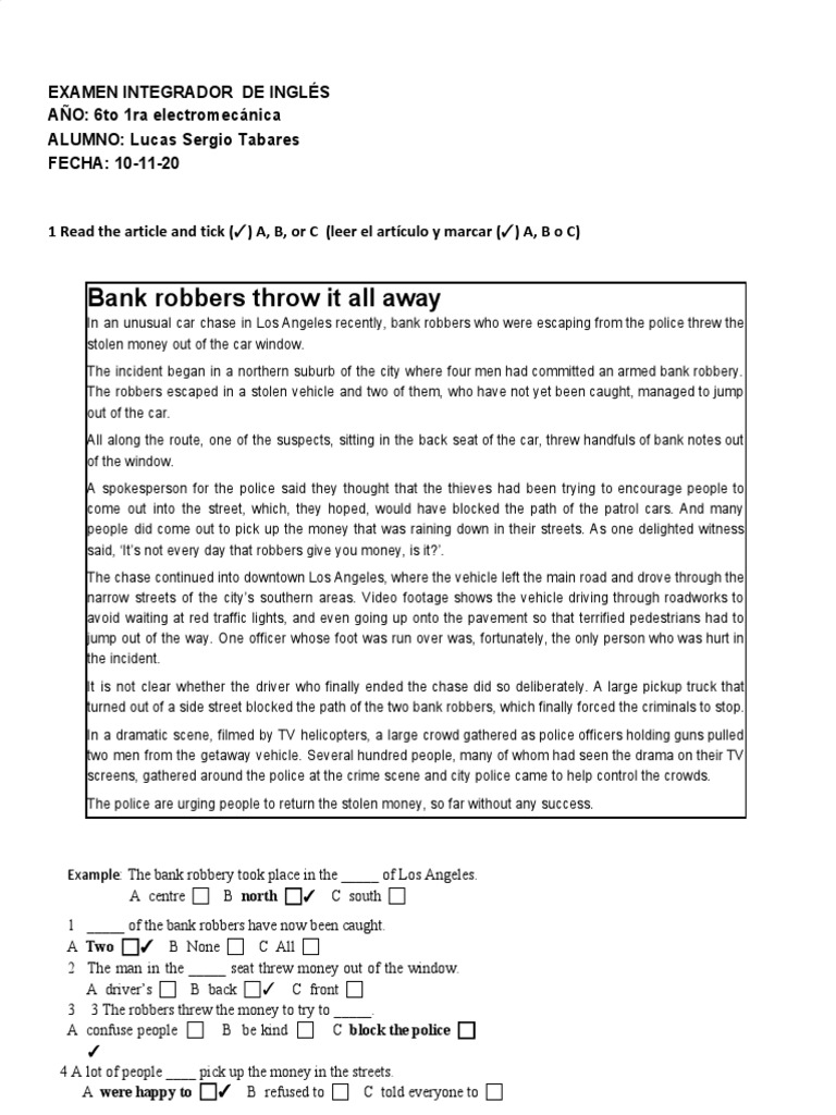 Evaluación Integradora Ingles 6to 1ra Electromecánica | PDF | Police | Bank Robbery