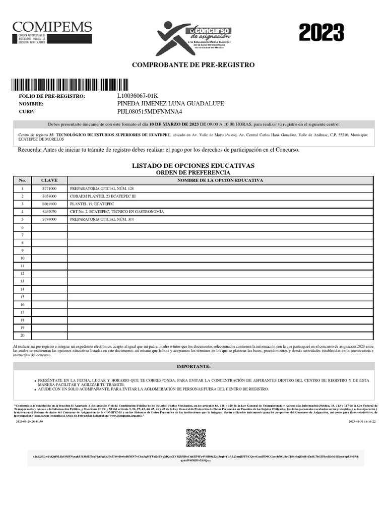 Pre-registro COMIPEMS 2023 Ecatepec | PDF