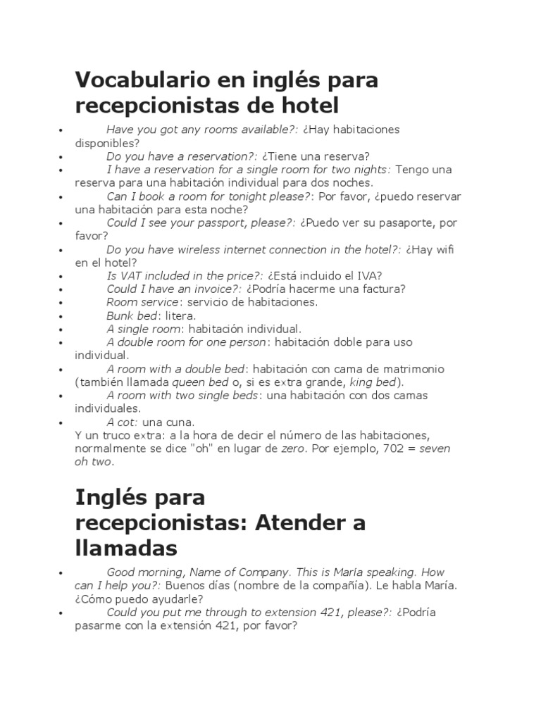 Vocabulario en Inglés para Recepcionistas de Hotel | PDF