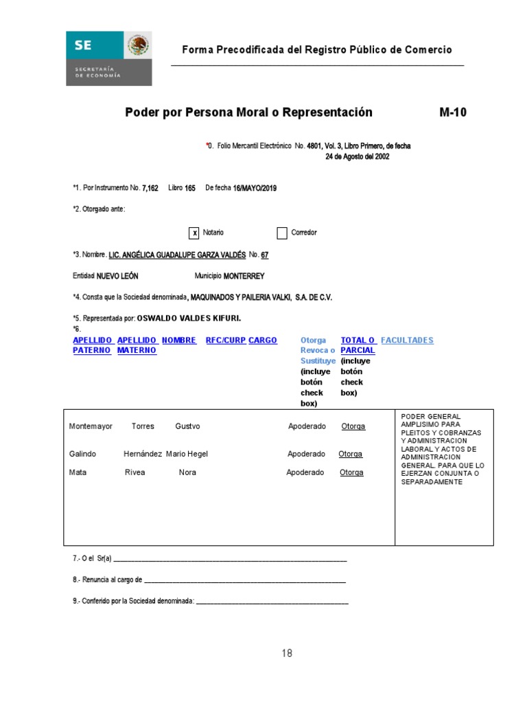 Poder Por Persona Moral o Representación M-10: Forma Precodificada Del ...
