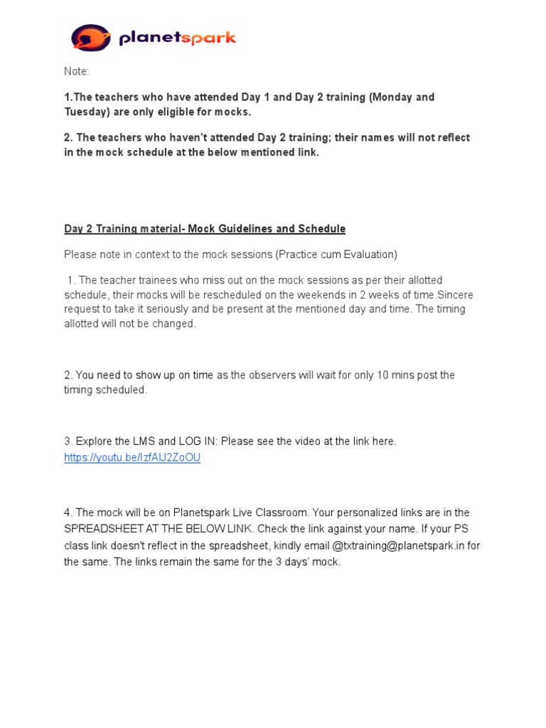 DAY 2 TRAINING RESOURCE MATERIAL-PLANETSPARK - Mock Guidelines and Schedule | PDF | Learning ...