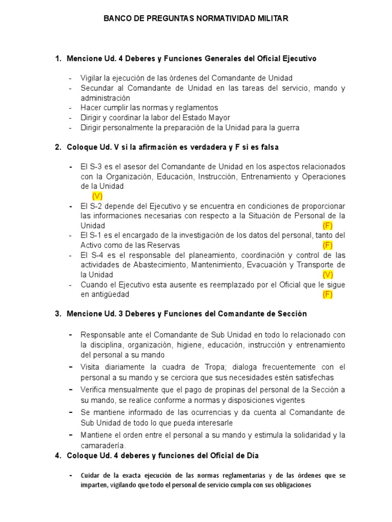 Banco de Preguntas Normatividad Militar | PDF
