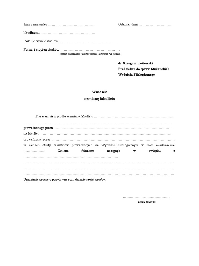 Wniosek o Zmiane Fakultetu | PDF