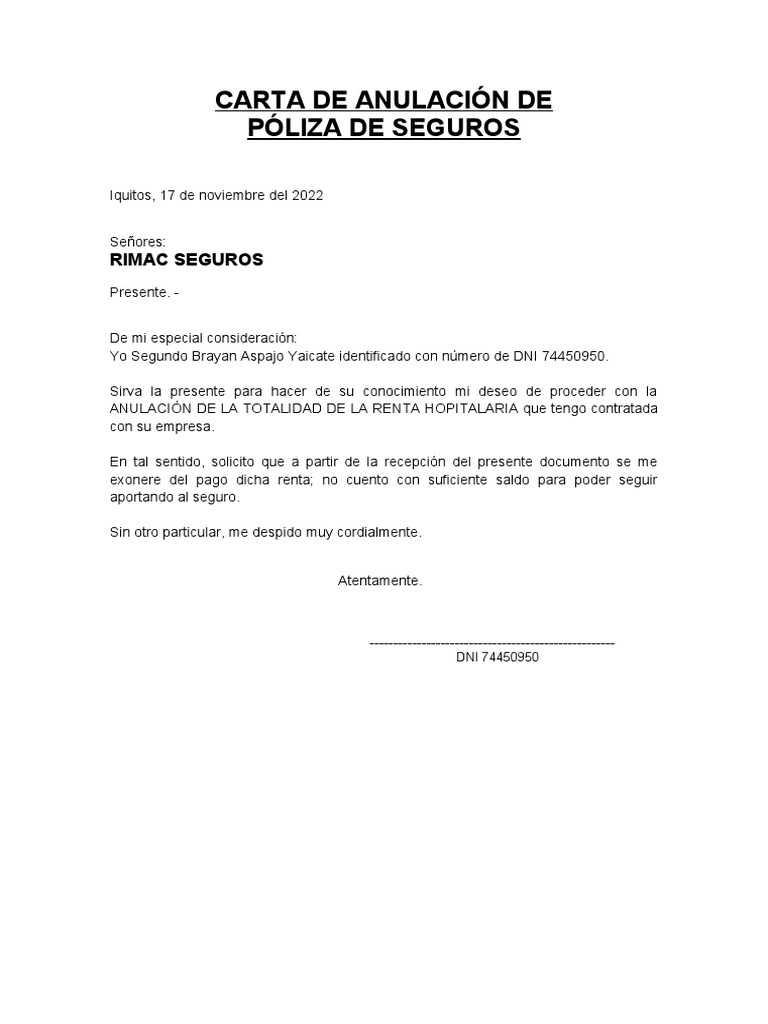 Carta de Anulación de Póliza de Seguros | PDF