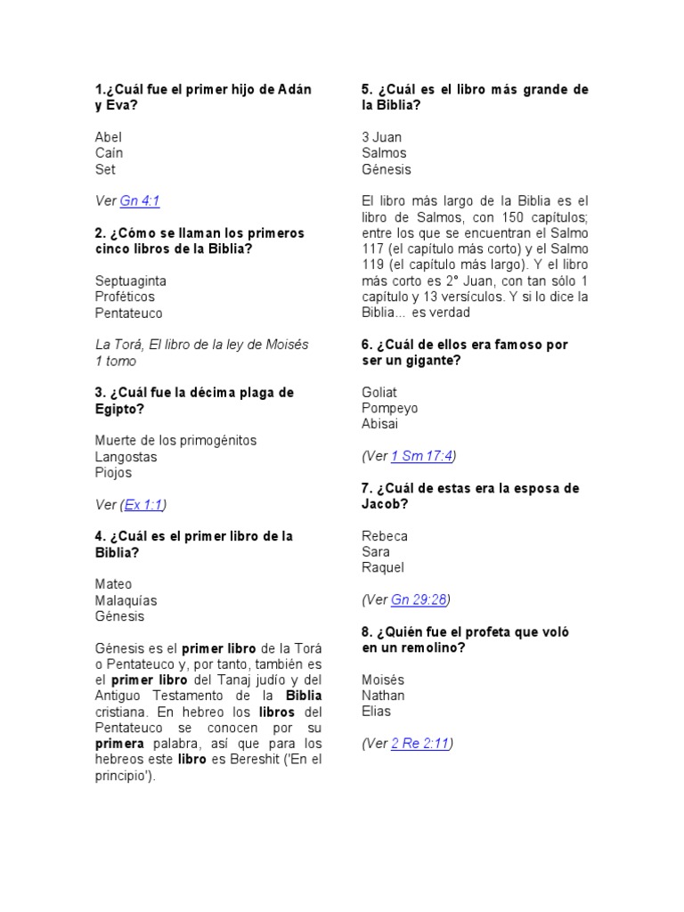 Cuestionario Biblico | PDF | Biblia | Libro del Génesis