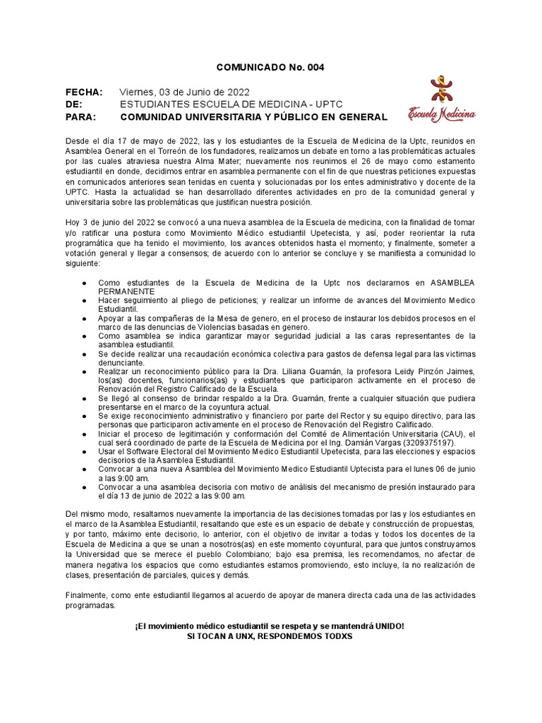 Comunicado No. 004 Asamblea Estudiantil Medicina | PDF