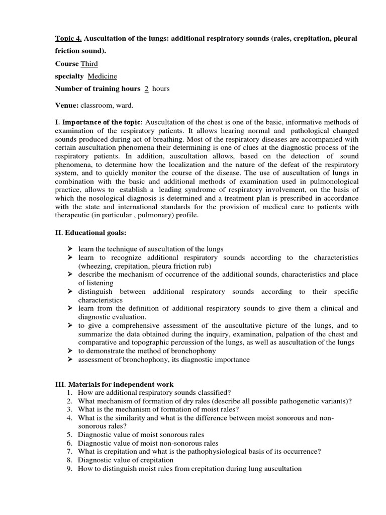 Тopic 4.2. Auscultation of the lungs. Additional sounds. | PDF | Lung ...