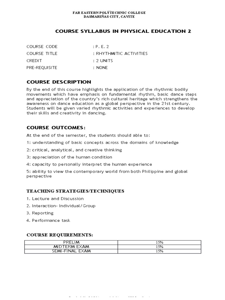 PE 2 Syllabus: Rhythmic Activities | PDF | Dances | Experience