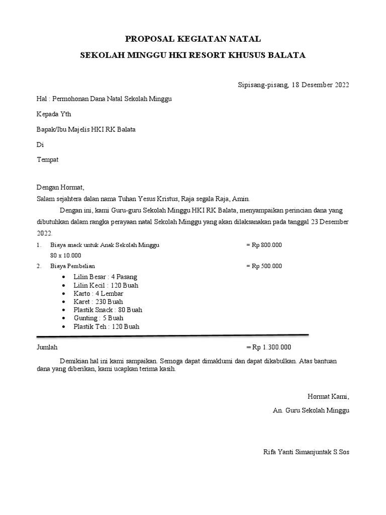 Proposal Kegiatan Natal Sekolah Minggu Hki Resort Khusus Balata | PDF