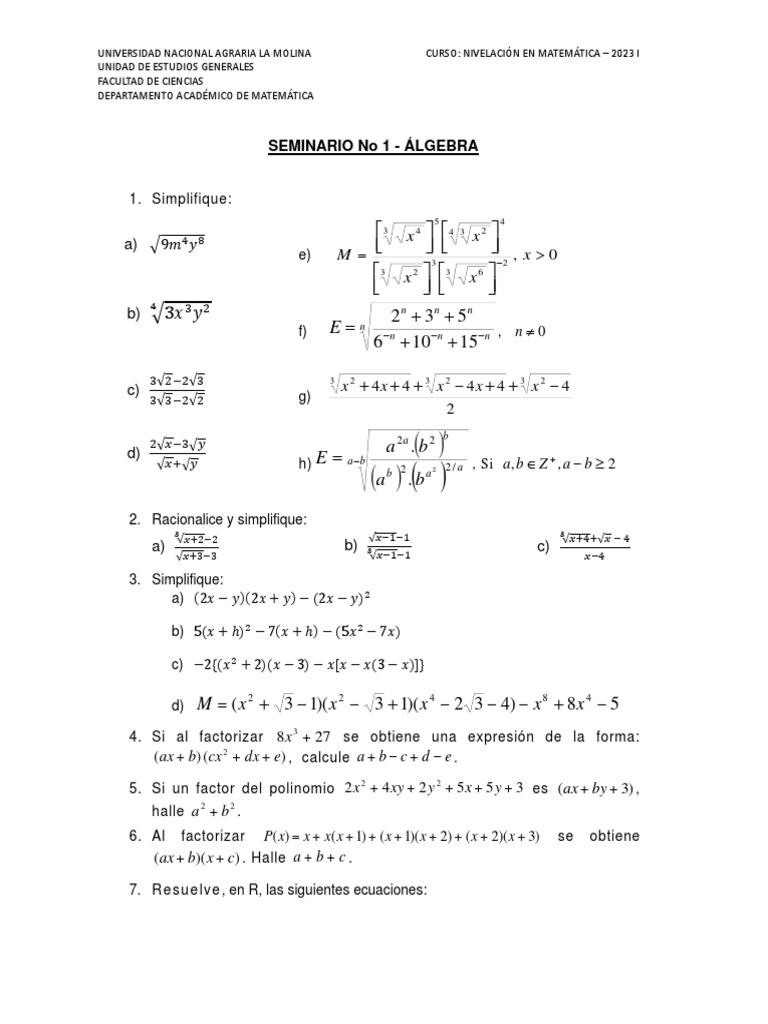 Seminario No 1 - Álgebra: X X X X X M | PDF | Factorización | Ecuaciones