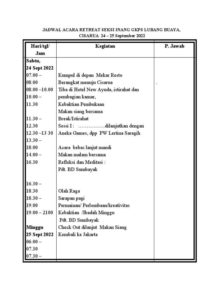 Jadwal Acara Retreat Seksi Inang GKPS Lubang Buaya..1 | PDF