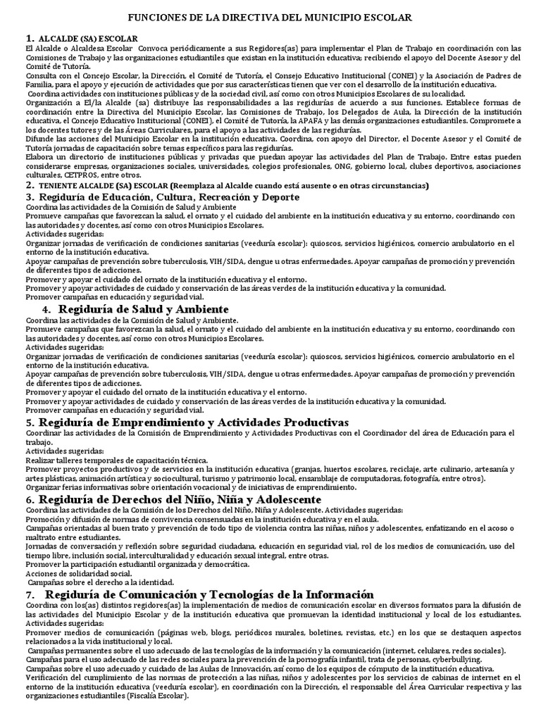 Funciones de La Directiva Del Municipio Escolar | PDF | Alcalde | Institución