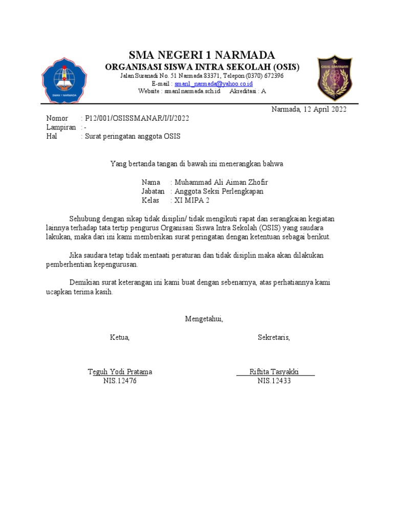 SURAT PERINGATAN ANGGOTA OSIS | PDF