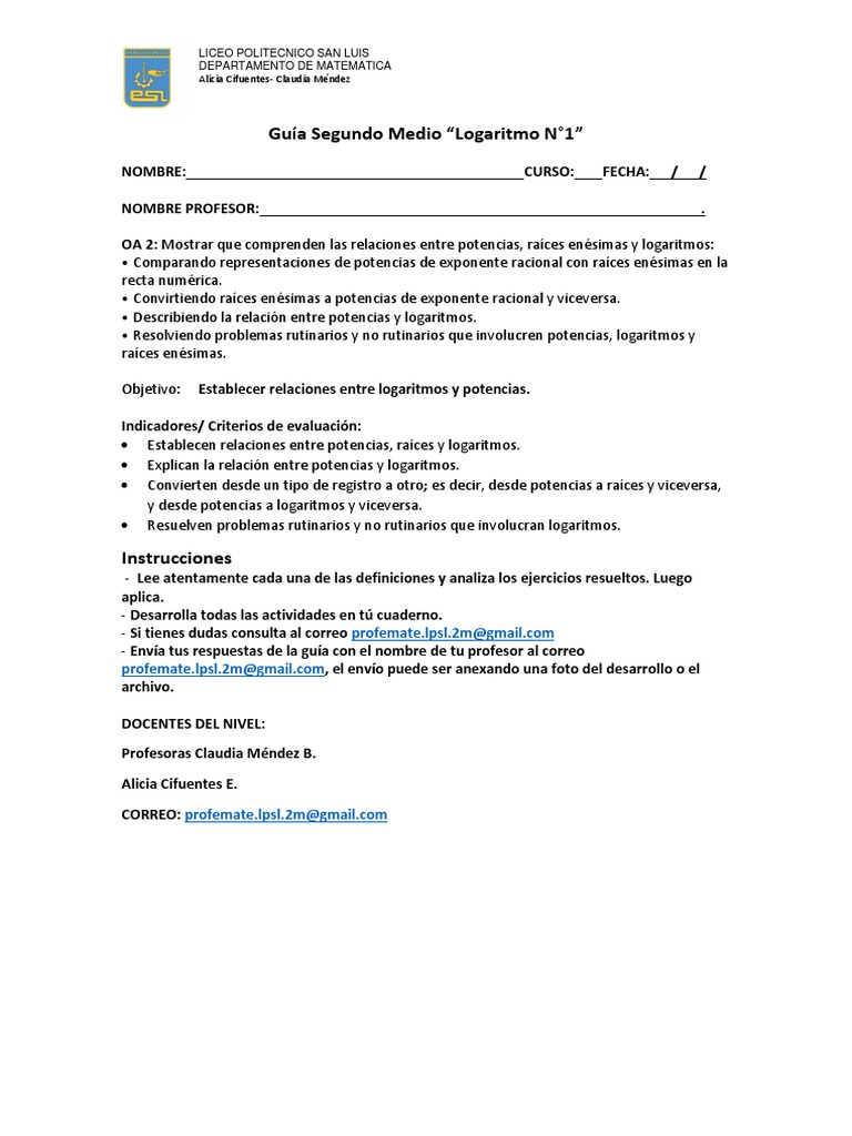 Guía 5 Matemática 2° Logaritmos | PDF | Exponenciación | Logaritmo