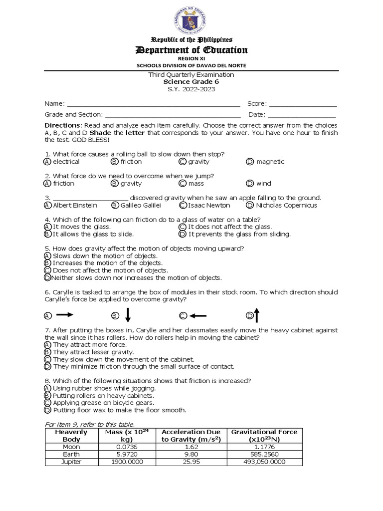 Grade Six Test Questions | PDF | Force | Gravity