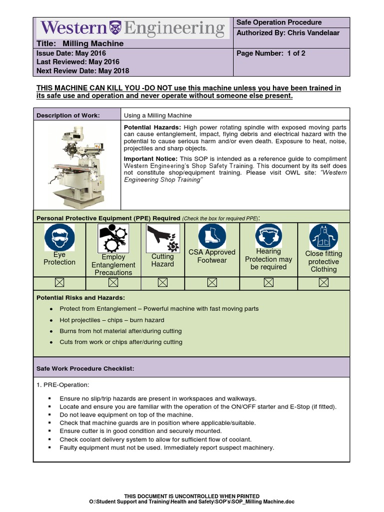SOP Milling | Download Free PDF | Personal Protective Equipment | Workplace
