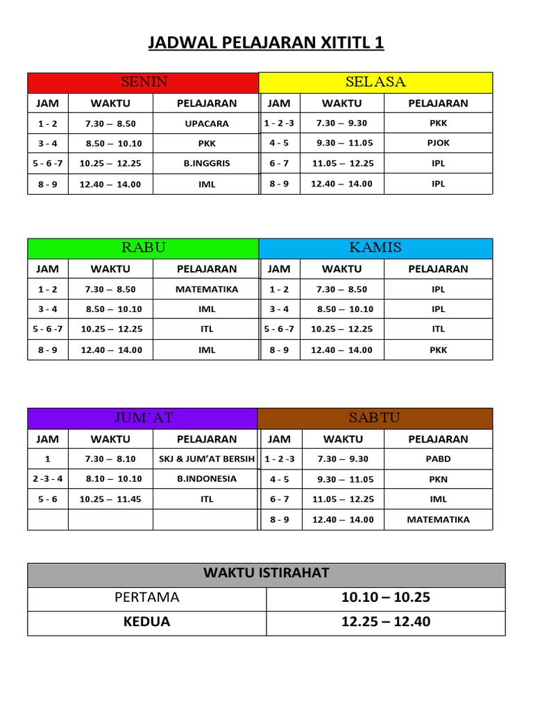 Jadwal Pelajaran XITITL 1 Mingguan | PDF
