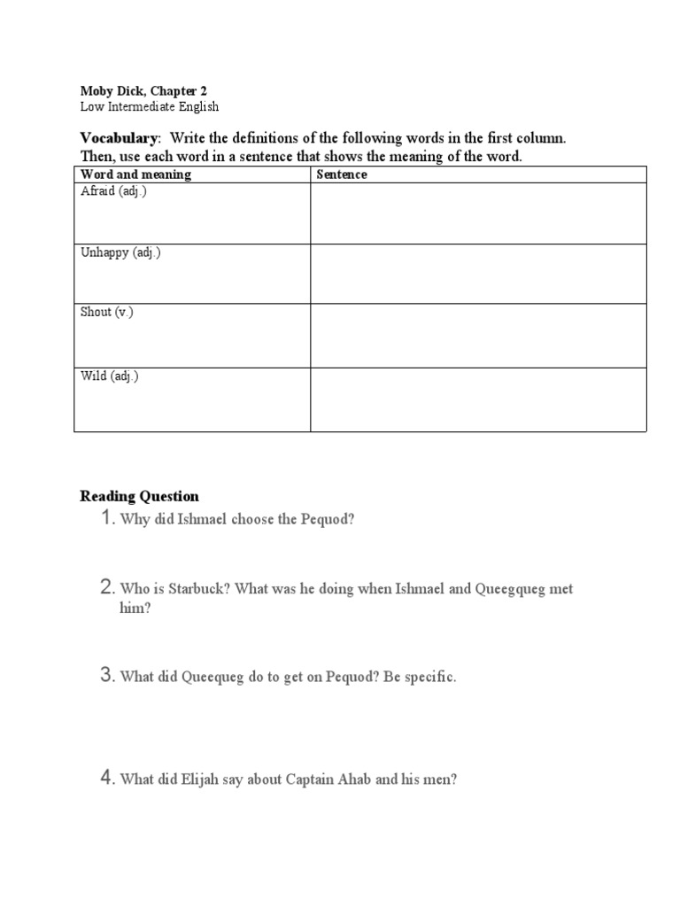 Moby Dick Chapter 2 Worksheet | PDF