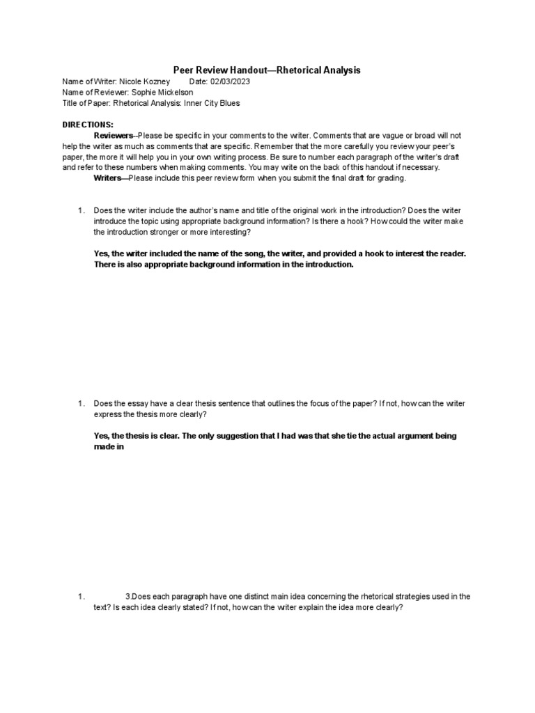 Peer Review Handout-Rhetorical Analysis | PDF | Rhetoric | Writing