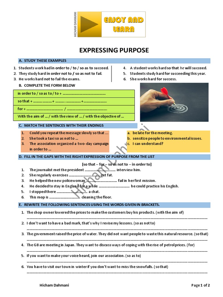EXPRESSING PURPOSE - Exercises | PDF