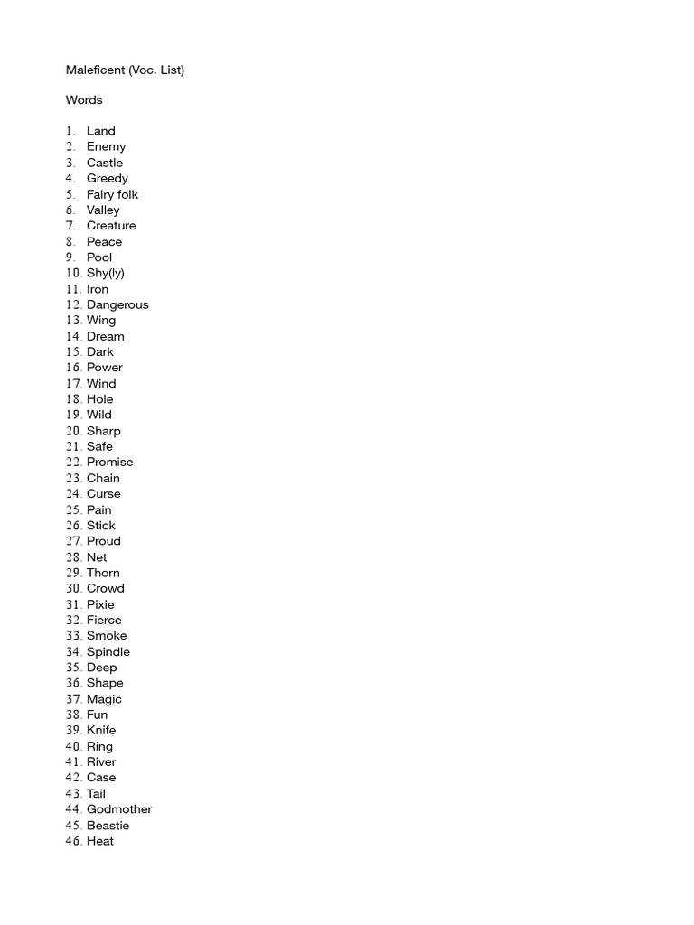 Vocabulary List - Maleficent | PDF