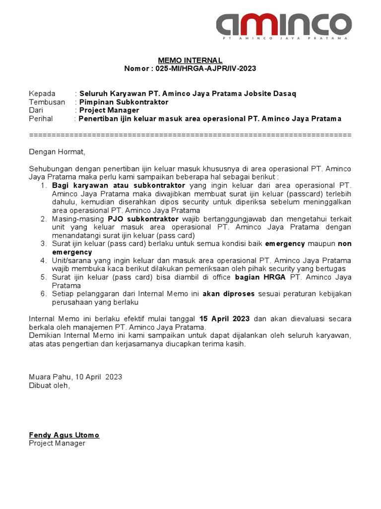 Internal memo ijin keluar masuk area operasional PT. Aminco Jaya ...