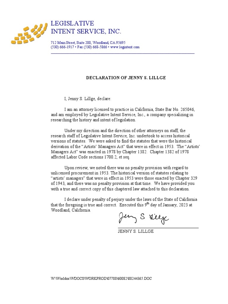 Declaration of Legislative Intent Service ("LIS") Re: Talent Agencies ...
