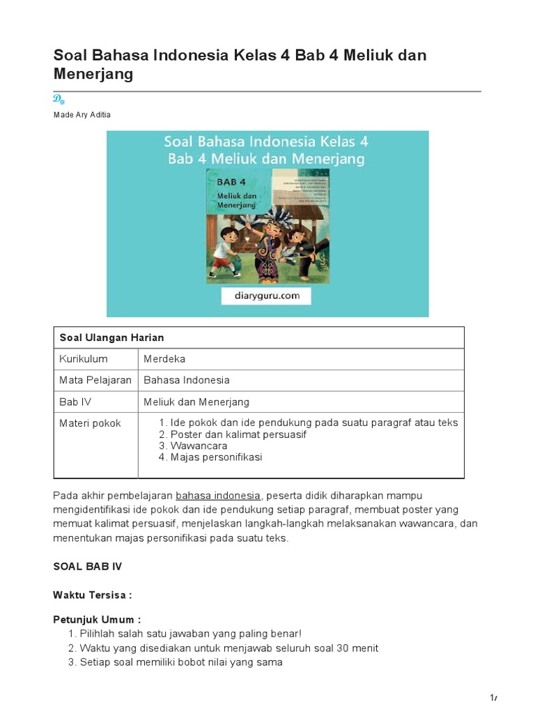 Soal Bahasa Indonesia Kelas 4 Bab 4 Meliuk Dan Menerjang | PDF