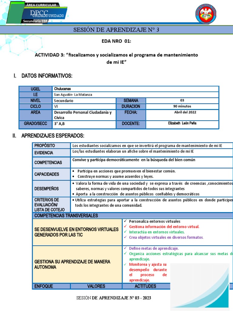 Sesión de Aprendizaje #3: Eda Nro 01: ACTIVIDAD 3: "Fiscalizamos y Socializamos El Programa de ...