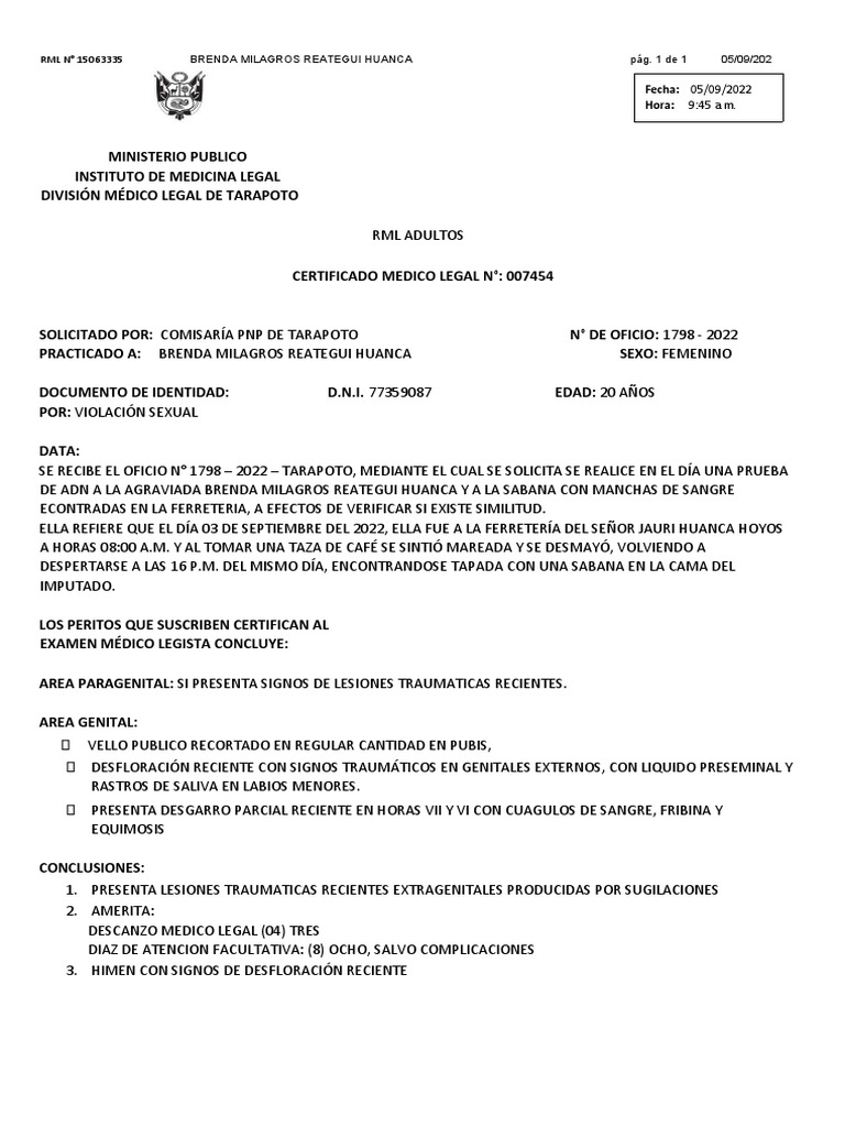 Examen médico legal de una mujer víctima de violación sexual | PDF Examen médico legal de una mujer víctima de violación sexual | PDF