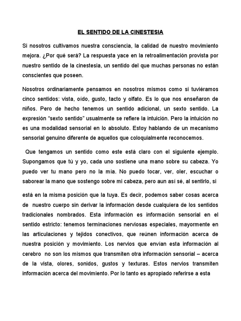 El Sentido de La Cinestesia | PDF | Ciencia cognitiva | Neurociencia