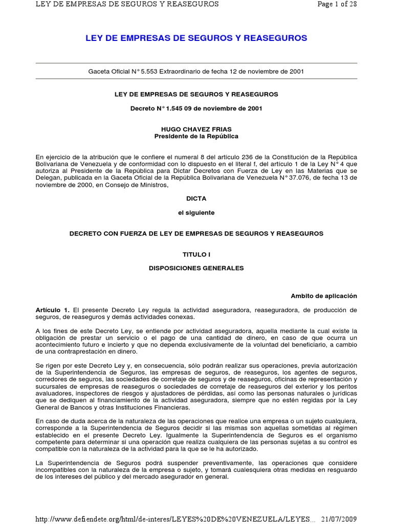 Ley de Empresas de Seguros y Reaseguros-2001 | PDF | Seguro | Reaseguro