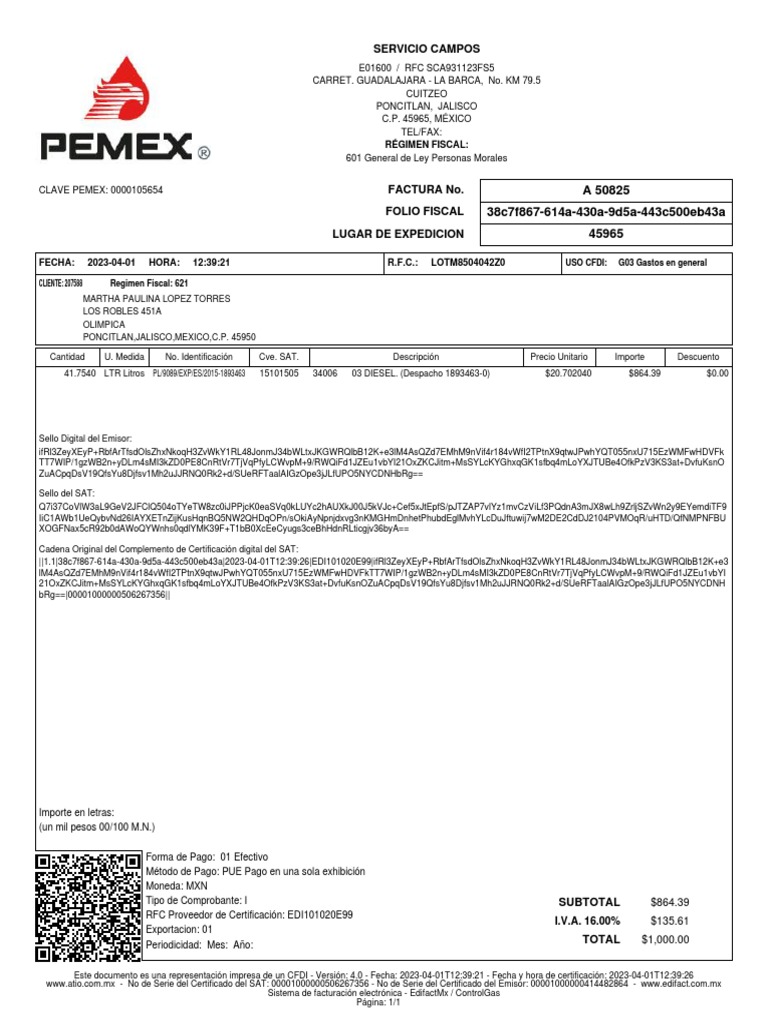 Sca931123fs5 Cfdi A50825 20230401 | PDF