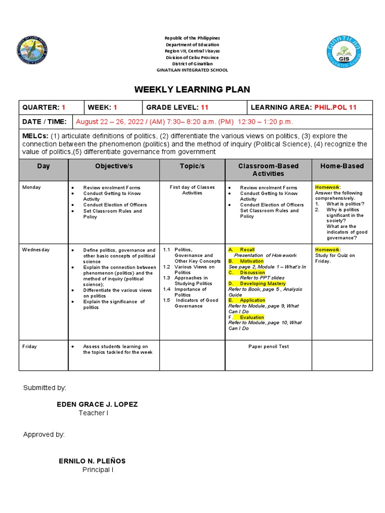 Weekly Learning Plan: 1 1 11 Phil - Pol 11 | PDF | Governance | Learning