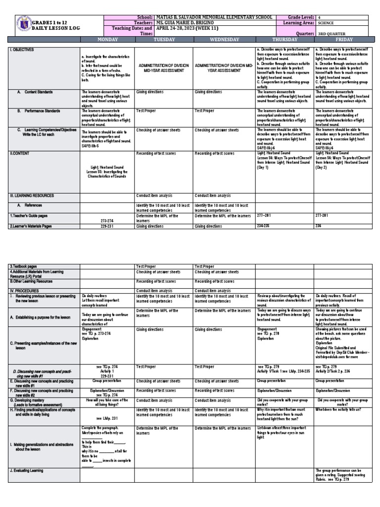 Monday Tuesday Wednesday Thursday Friday: GRADES 1 To 12 Daily Lesson Log | PDF | Learning ...