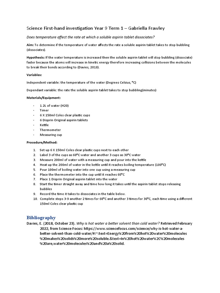 Science First-Hand Investigation Year 9 Term 1 - Gabriella Frawley | PDF
