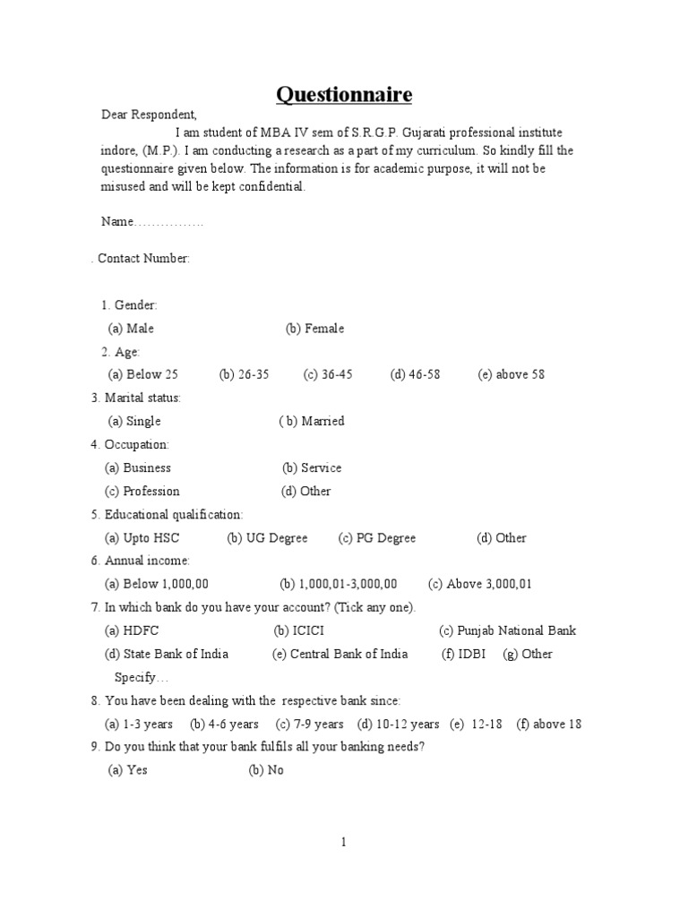 Questionnaire: I Am Student of MBA IV Sem of S.R.G.P. Gujarati ...