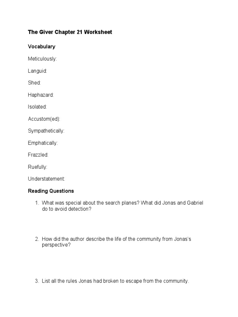 The Giver Chapter 21 Worksheet | PDF