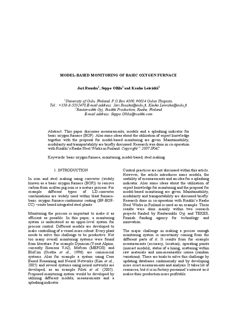 MODEL BASED MONITORING OF BASIC OXYGEN FURNACE - 2007 - IFAC ...